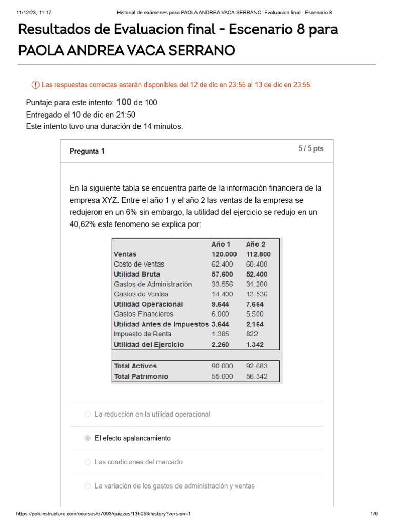 Historial de Exámenes para PAOLA ANDREA VACA SERRANO - Evaluacion Final - Escenario 8 | PDF