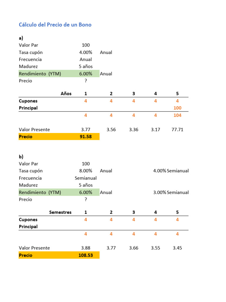 Cálculo de Precio y YTM de Bonos | PDF | Duración del bono | Banca de ...