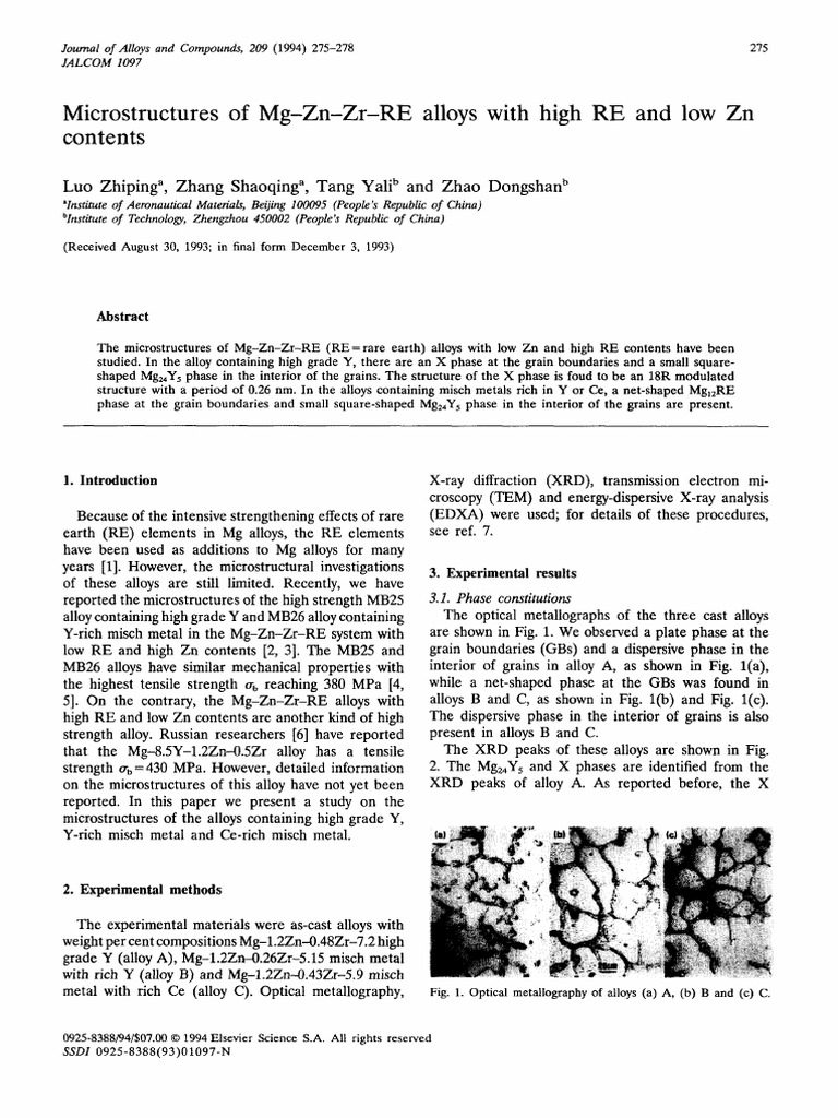 Microstructures of M G - Z N - Z R - R E Alloys With High RE and Low ZN ...