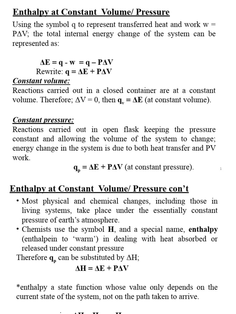 Enthalpy Changes at Constant Volume/Pressure | PDF
