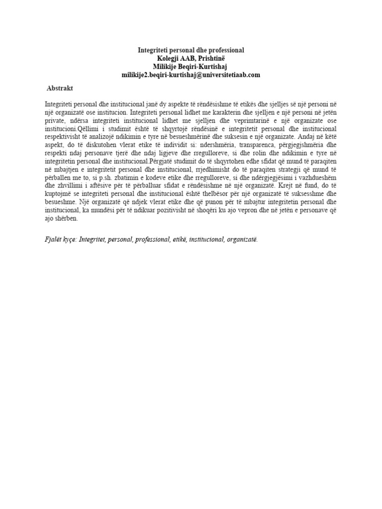 Abstrakt-Integriteti Personal Dhe Profesional | PDF