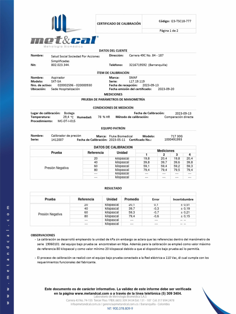 Datos de Calibración Prueba 4 Mediciones Unidad 1 2 3 Referencia | PDF
