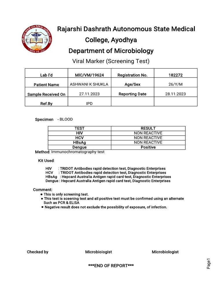 Viral Marker Screening Test Report | PDF | Science & Mathematics