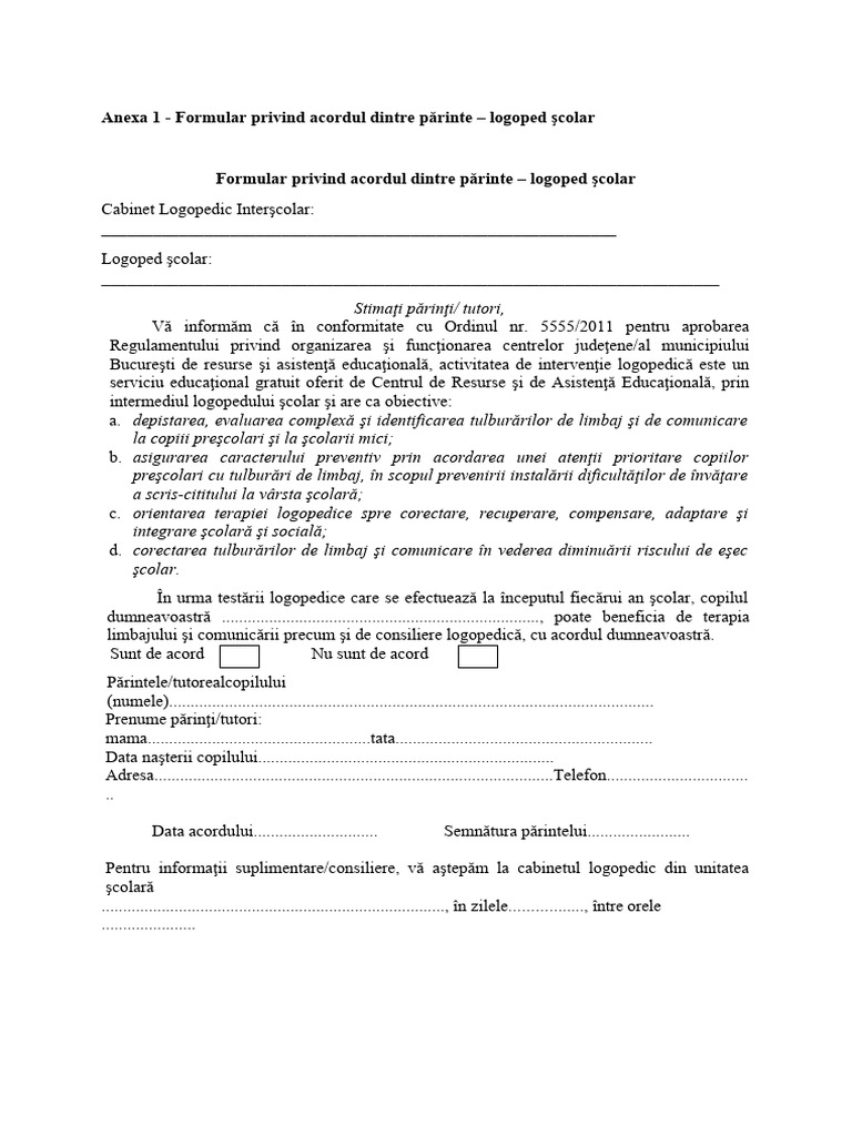 Anexa 1 - Formular Privind Acordul Dintre Parinte Logoped Scolar | PDF