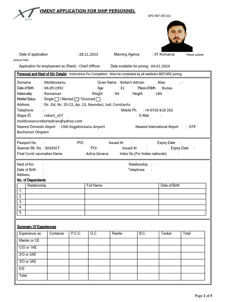 Ofc-007 Employment Application For Ship Personnel | PDF | Ships | Water ...