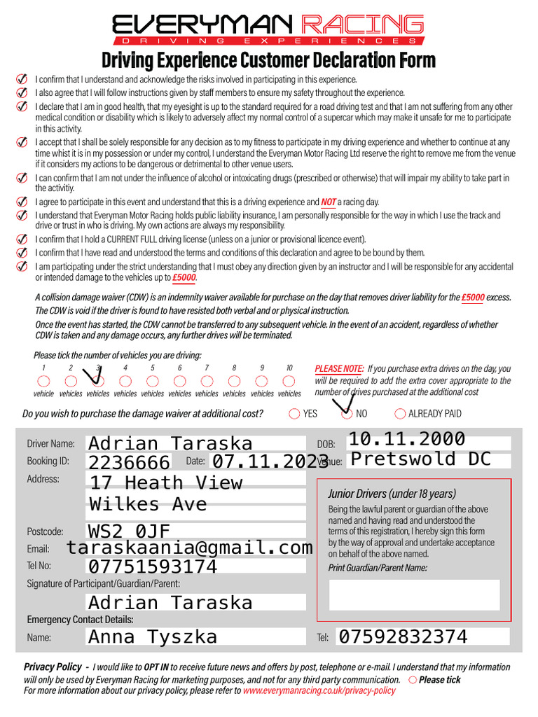 Driving Experience Declaration Form Pdf