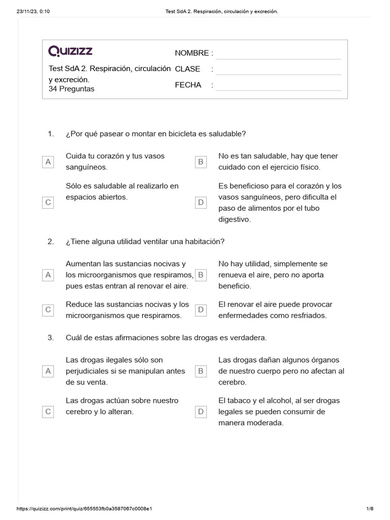 Test SdA: Sistemas Corporales y Funciones | PDF | Sistema circulatorio ...