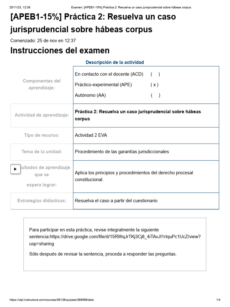 Examen - (APEB1-15%) Práctica 2 - Resuelva Un Caso Jurisprudencial Sobre Hábeas Corpus | PDF ...