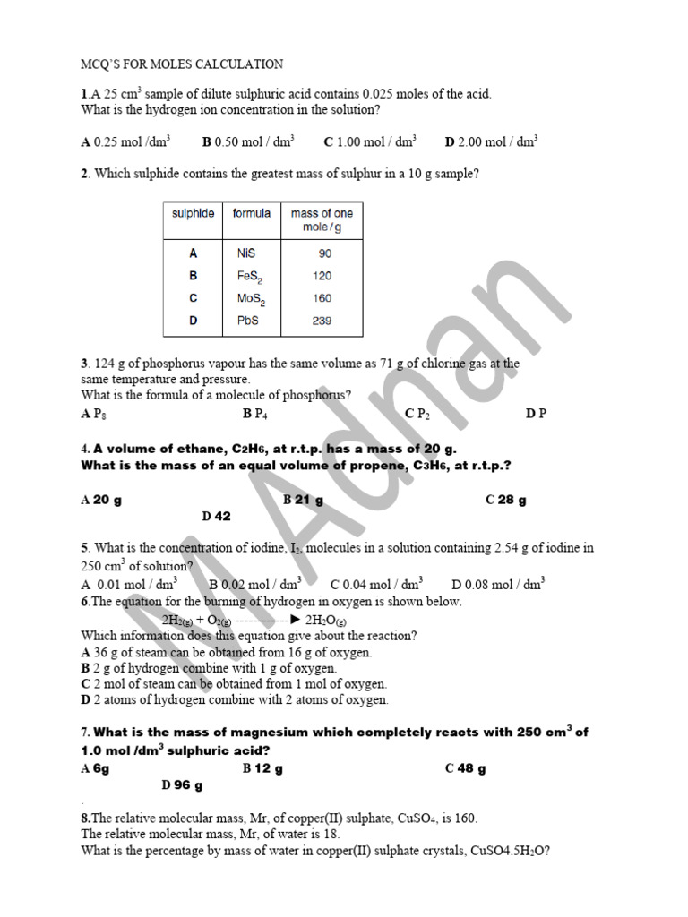 MCQ S For Moles Calculation | PDF | Mole (Unit) | Ammonia