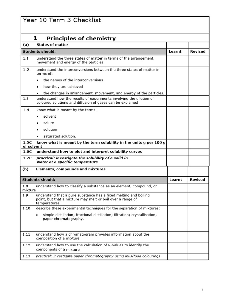 Term 3 Checklist TRIPLE | PDF | Acid | Chemical Bond