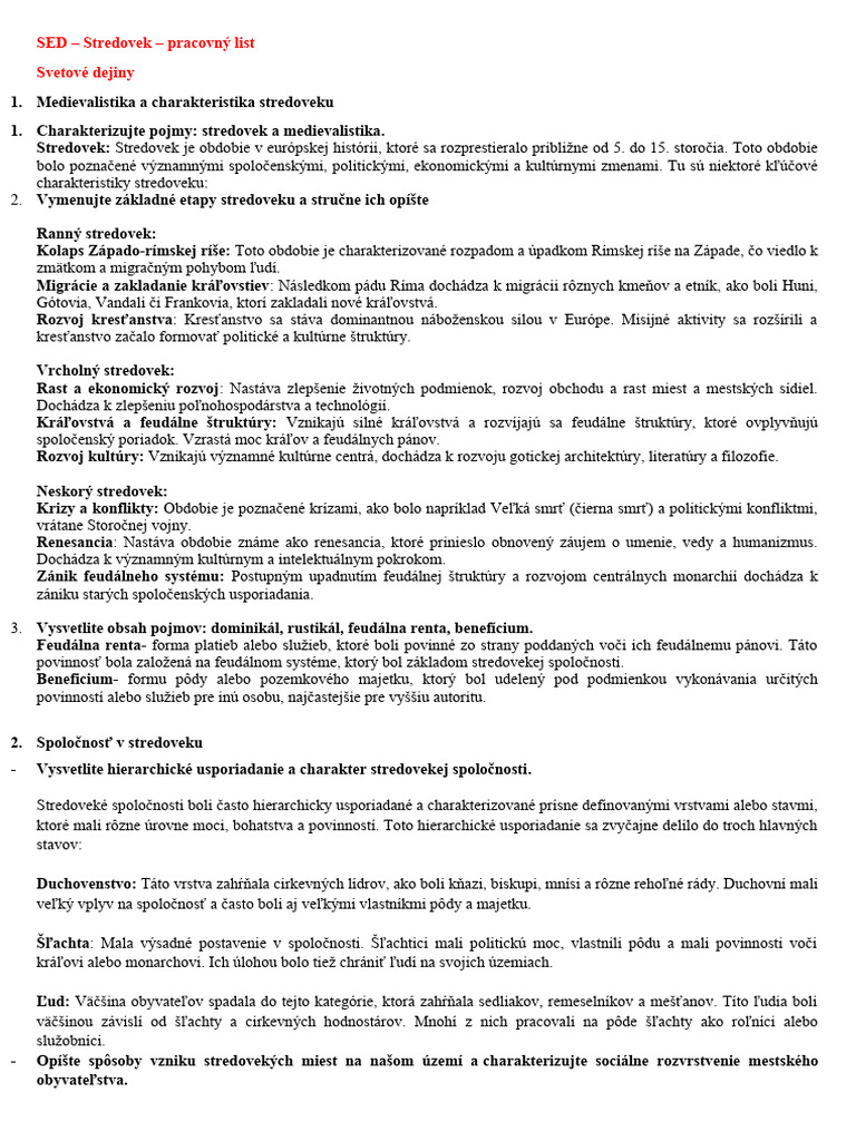 SED - Stredovek - Pracovný List | PDF