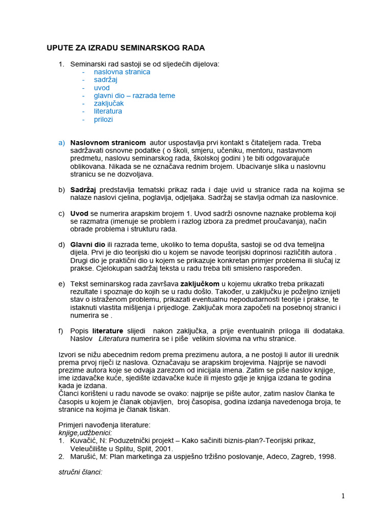 Upute Za Izradu Seminarskog Rada 2023 2024 | PDF
