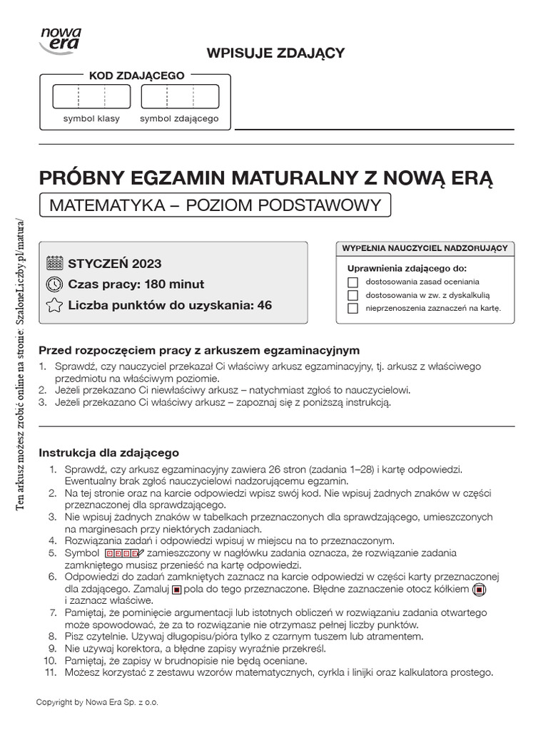 Matura Podstawowa Probna Matematyka Nowa Era 2023 | PDF