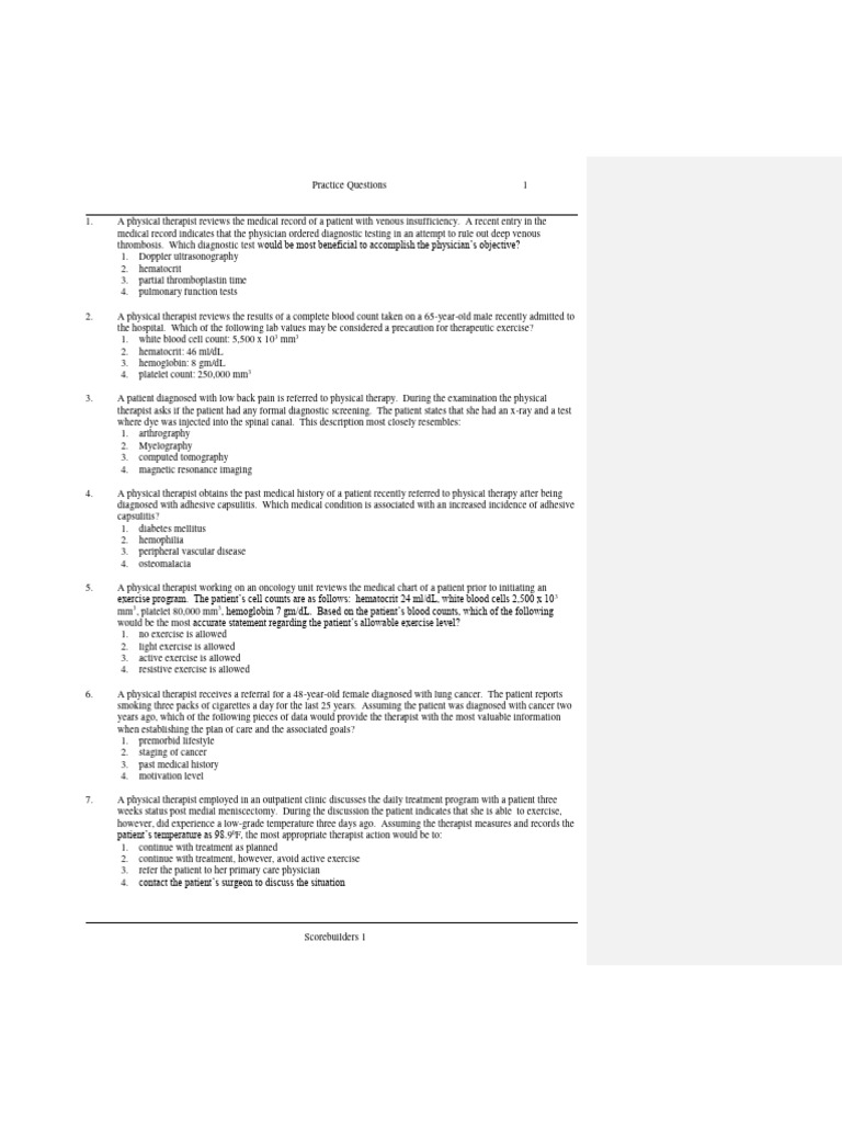Physical Therapy Practice Questions | PDF | Physical Therapy | Blood ...