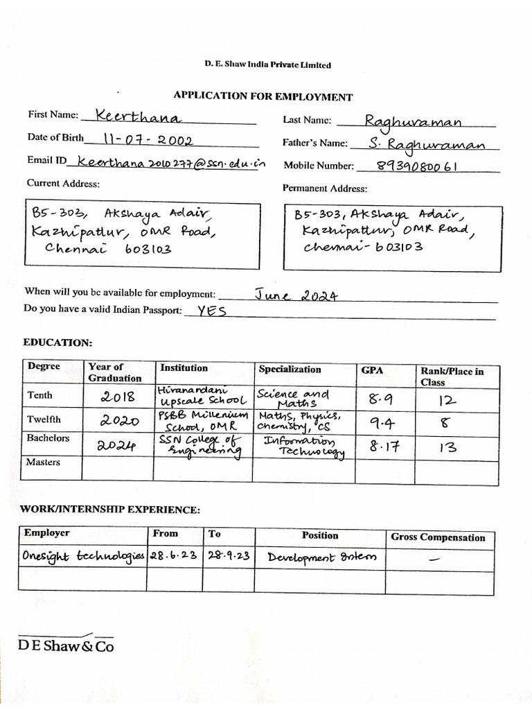 DE Shaw Application Form | PDF
