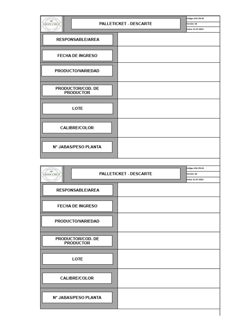 EGC-PR-03 FORMATO DE PALLETICHETS DESCARTE | PDF
