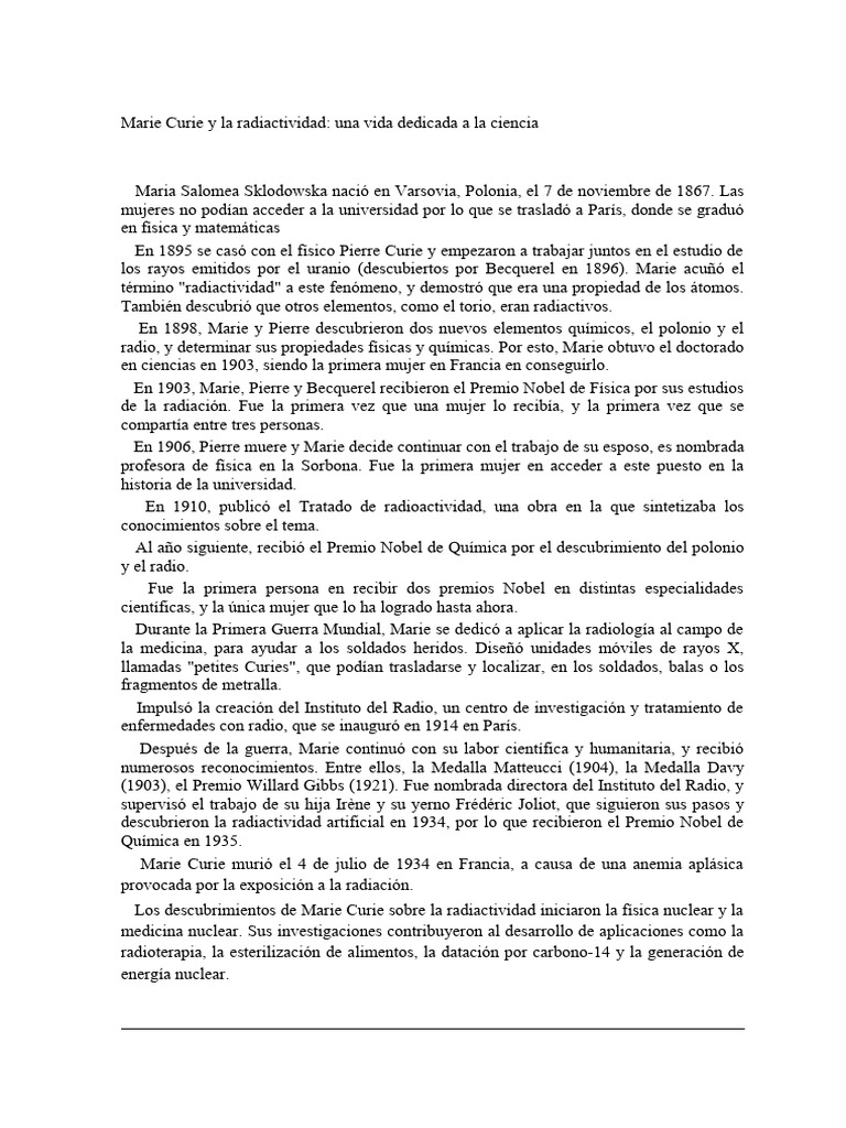 Marie Curie y La Radiactividad | PDF | Marie Curie | Desintegración ... Marie Curie y La Radiactividad | PDF | Marie Curie | Desintegración ...