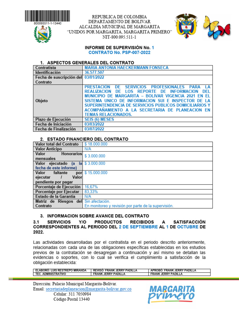 Formato Informe de Supervision Prestacion de Servicios Profesionales y ...