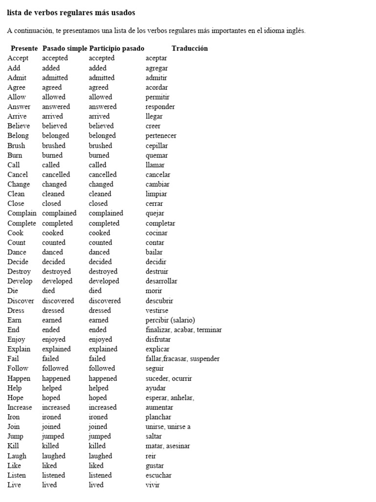 Lista de Verbos Regulares Más Usados | PDF
