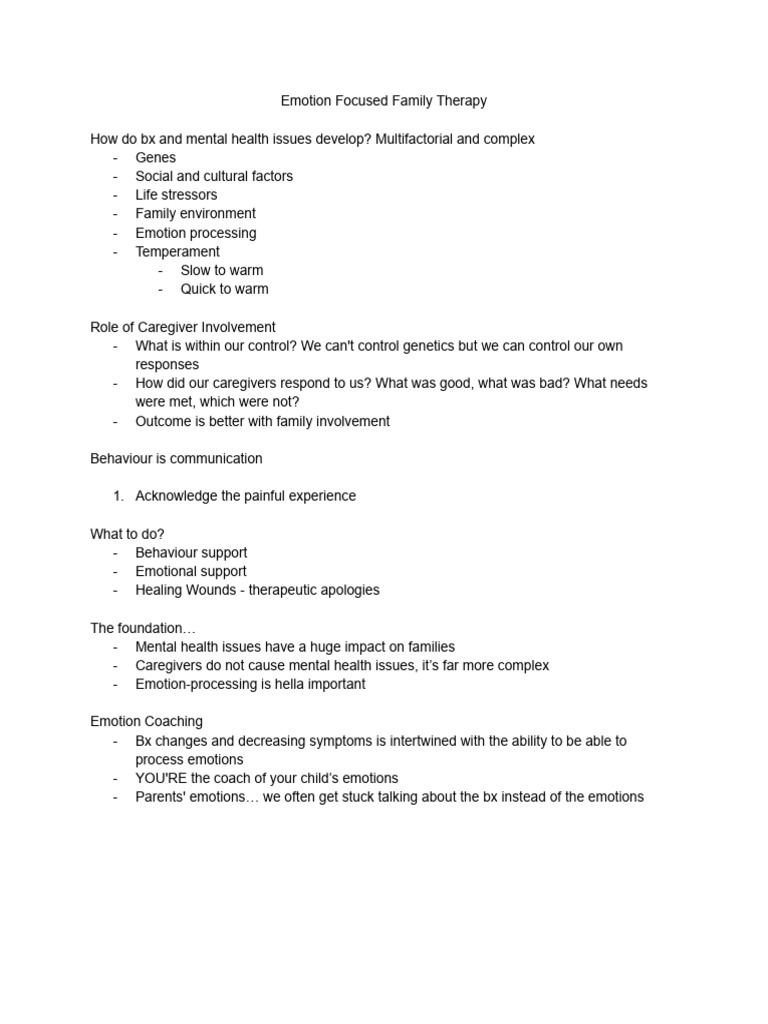 Emotion Focused Family Therapy Course Notes | PDF