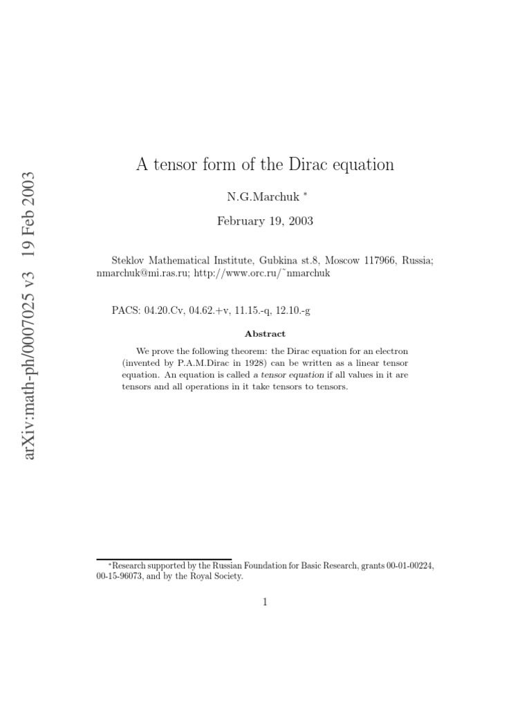 A Tensor Form of The Dirac Equation | PDF | Matrix (Mathematics) | Tensor