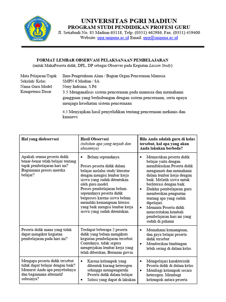 Lembar Observasi Pelaksanaan Pembelajaran All | PDF