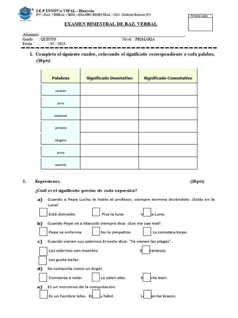 Examen Bimestral - 5P - Raz. Verbal | PDF