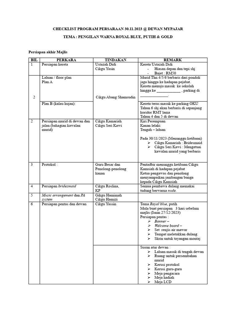 Checklist Program Persaraan 30.11.2023 at Dewan Mypajar Tema: Pengilan Warna Royal Blue, Putih ...