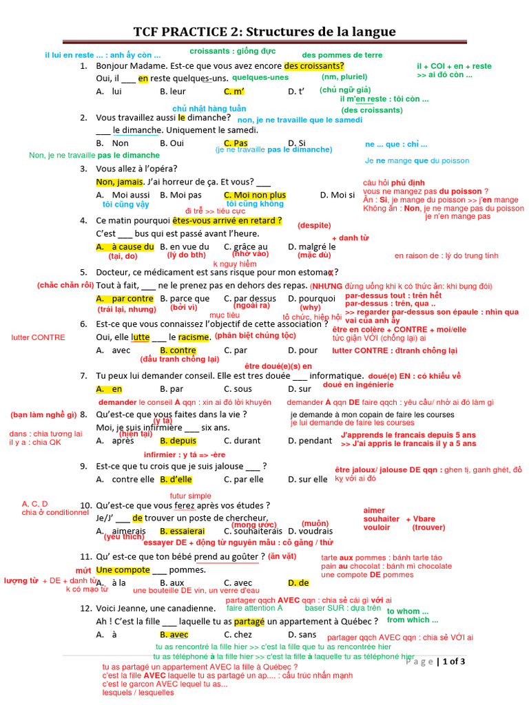 Révisions de grammaire TCF 2 | PDF