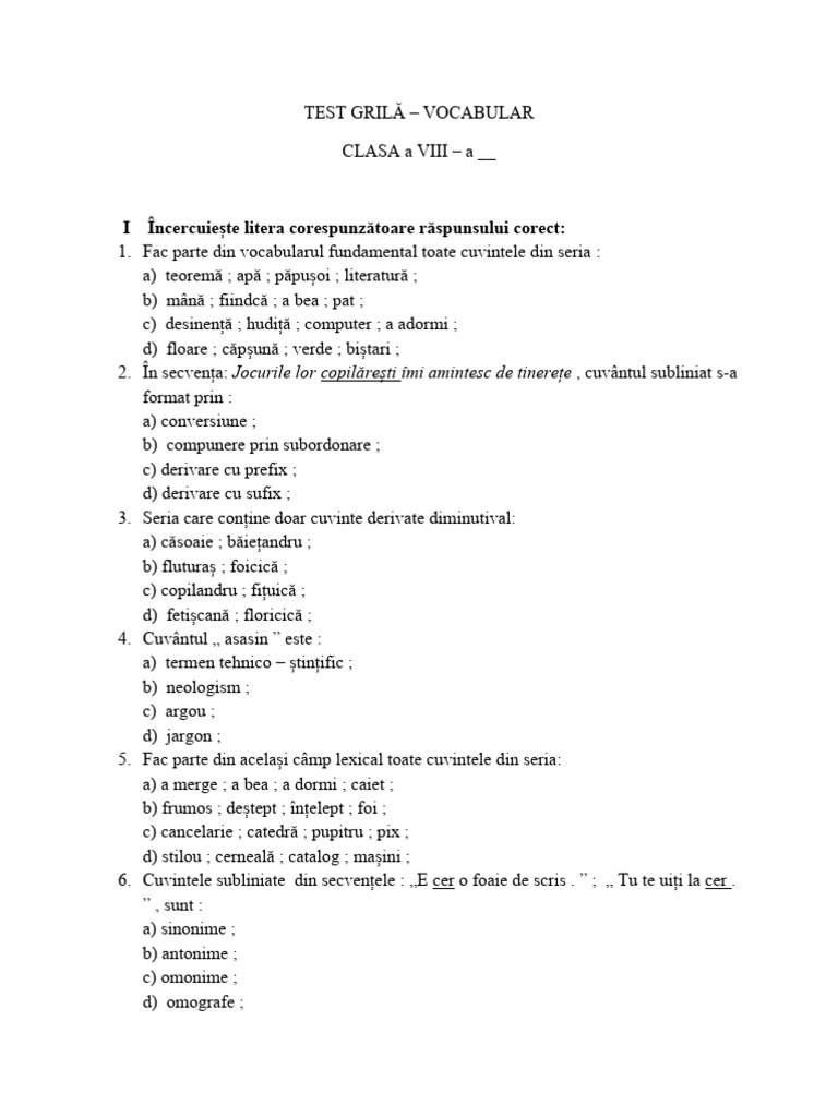 Test Grila Vocabular Clasa A VIII A | PDF