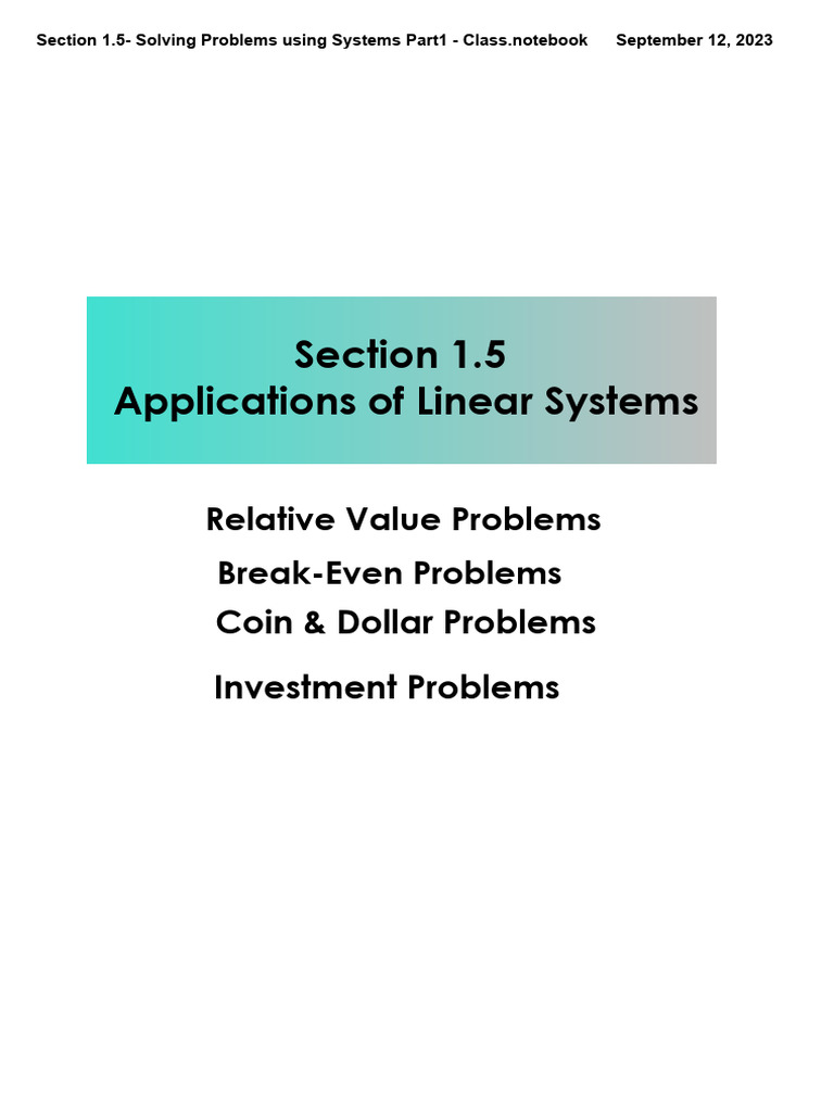 Section 1.5 - Solving Problems Using Systems Part1 - Hapara | PDF