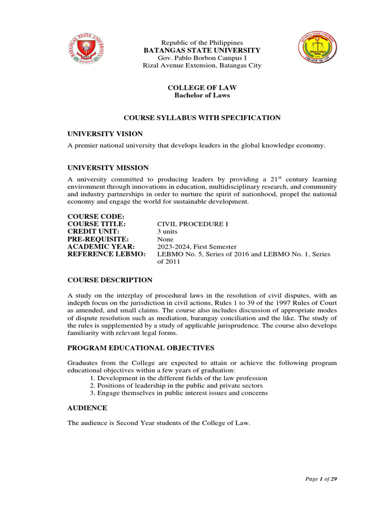 Civil-Procedure-I-Course-Syllabus-2023 | PDF