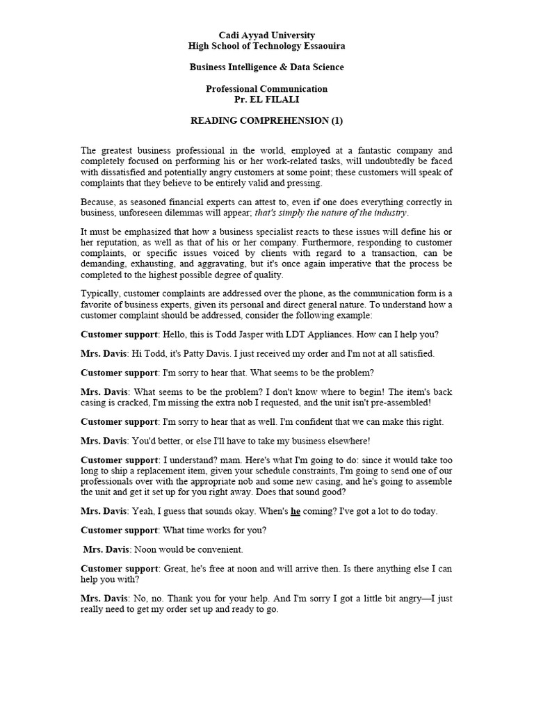 A Task to Perform_ Reading Comprehension_1 ELAAROUB Abdellah IDSD | PDF ...