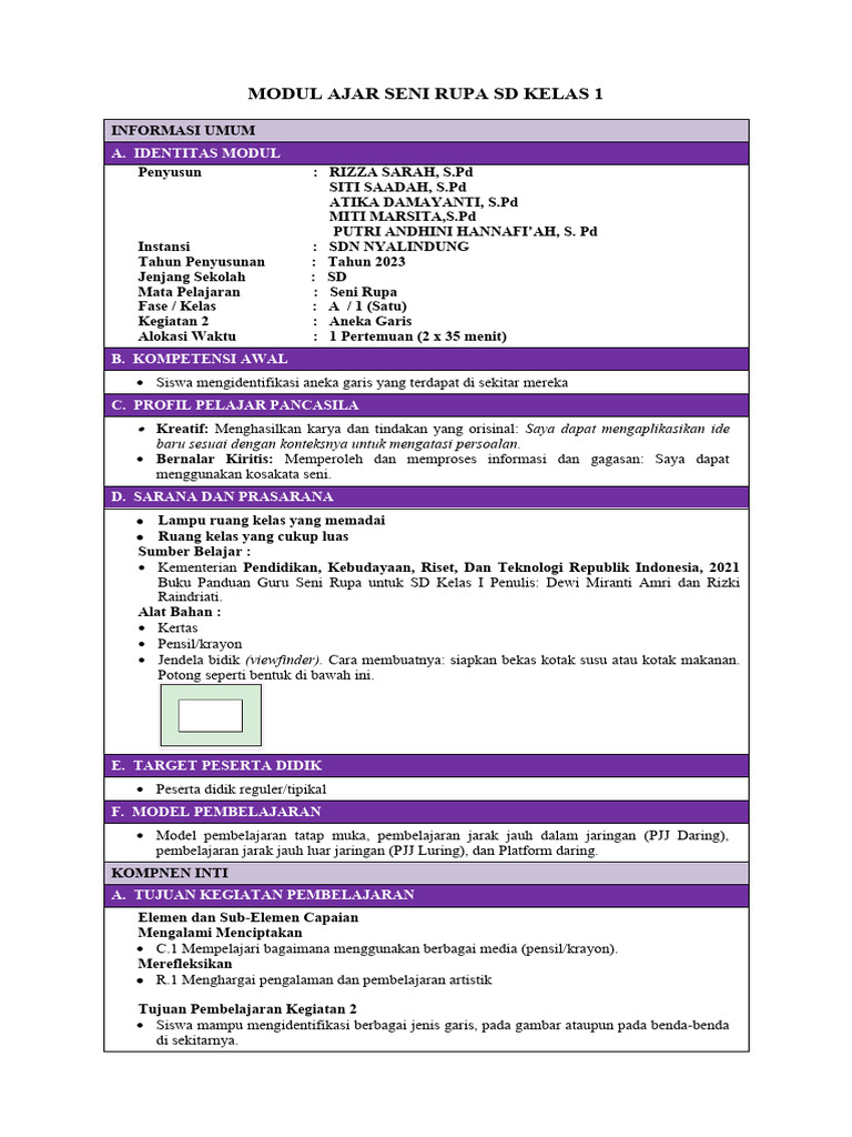 Modul Ajar Seni Rupa Kelas 1 - Kegiatan 2 | PDF | Seni
