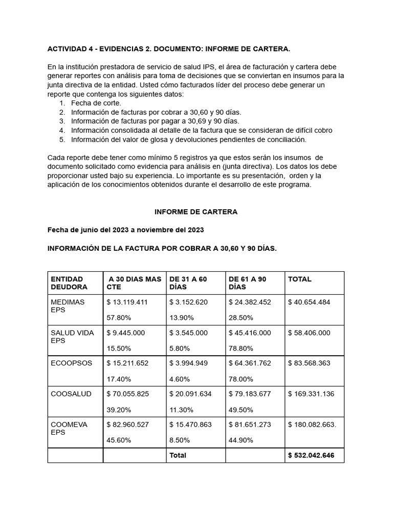 Juliana SENA Actividad 4 - Evidencia 2 Informe de Cartera | PDF