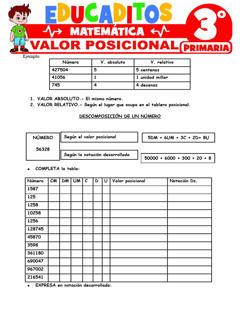 Valor Posicional para Tercer Grado de Primaria | PDF | Notación ...