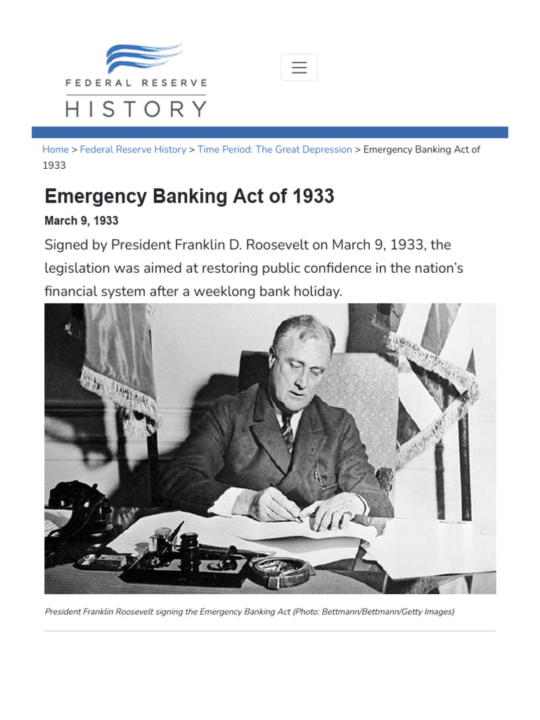 Emergency Banking Act of 1933 - Federal Reserve History | PDF | Federal ...