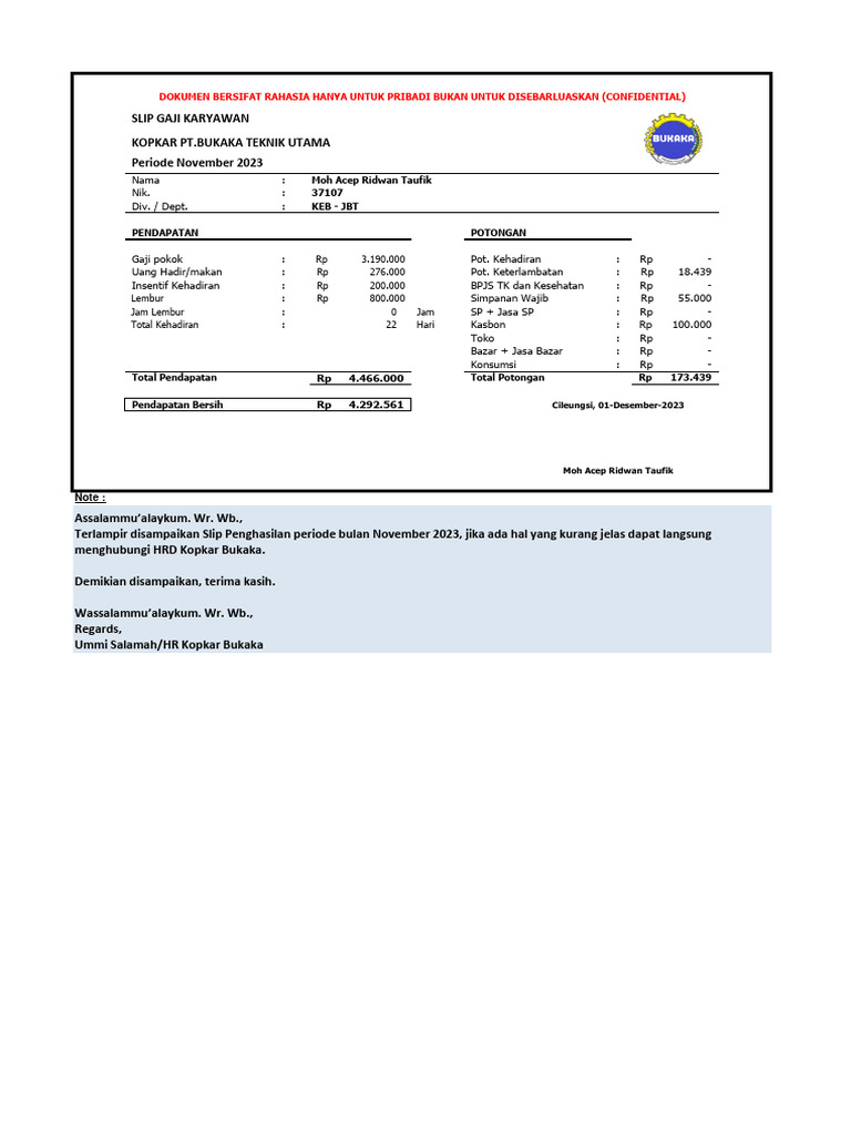 Slip Gaji November 2023 Moh Acep | PDF