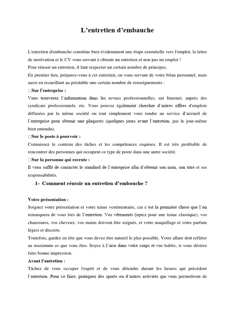 Conseils pour Réussir un Entretien d'Embauche | PDF | Entretien d'embauche