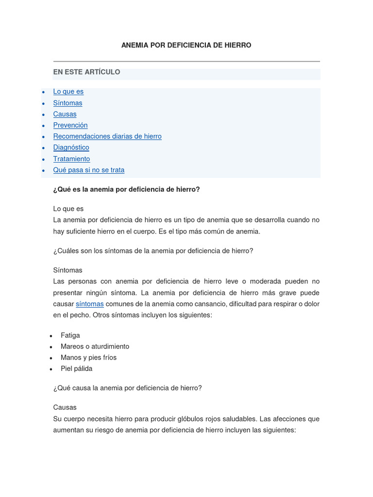 Anemia por Deficiencia de Hierro: Causas y Síntomas | PDF | Salud y ...