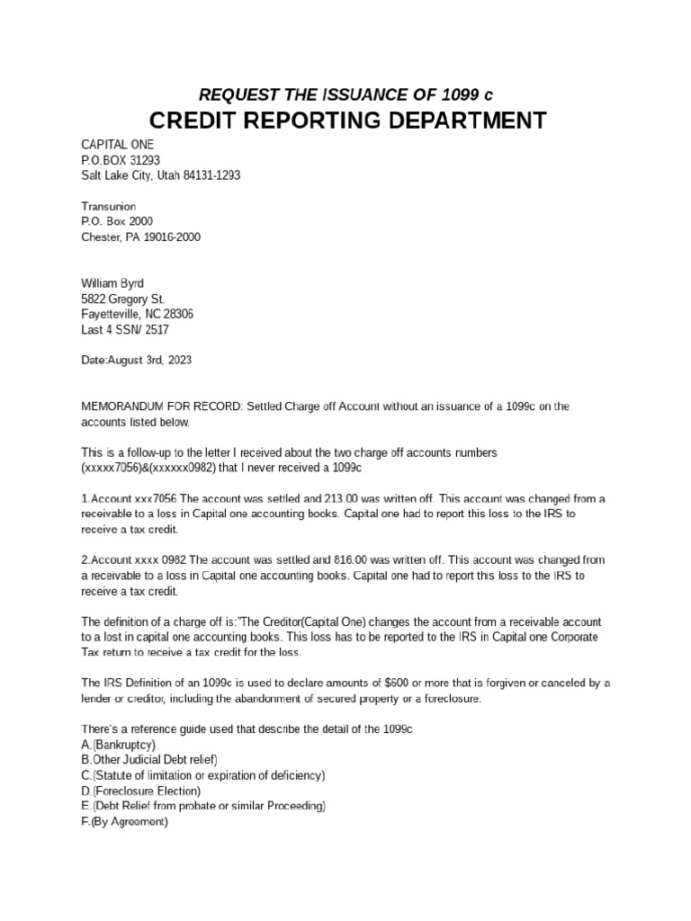 Request The Issuance of 1099 C | PDF