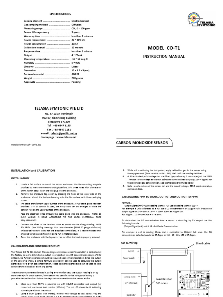 CO-T1 Carbon Monoxide Sensor Manual | PDF