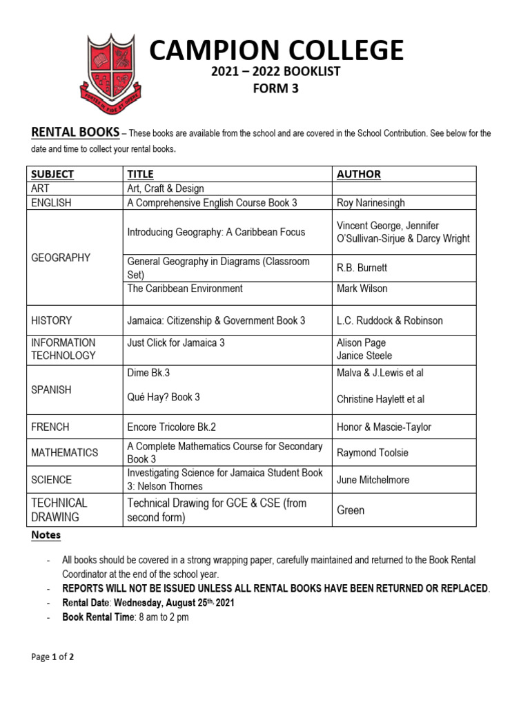 Form 3 Book List - 2021 - 2022 | PDF