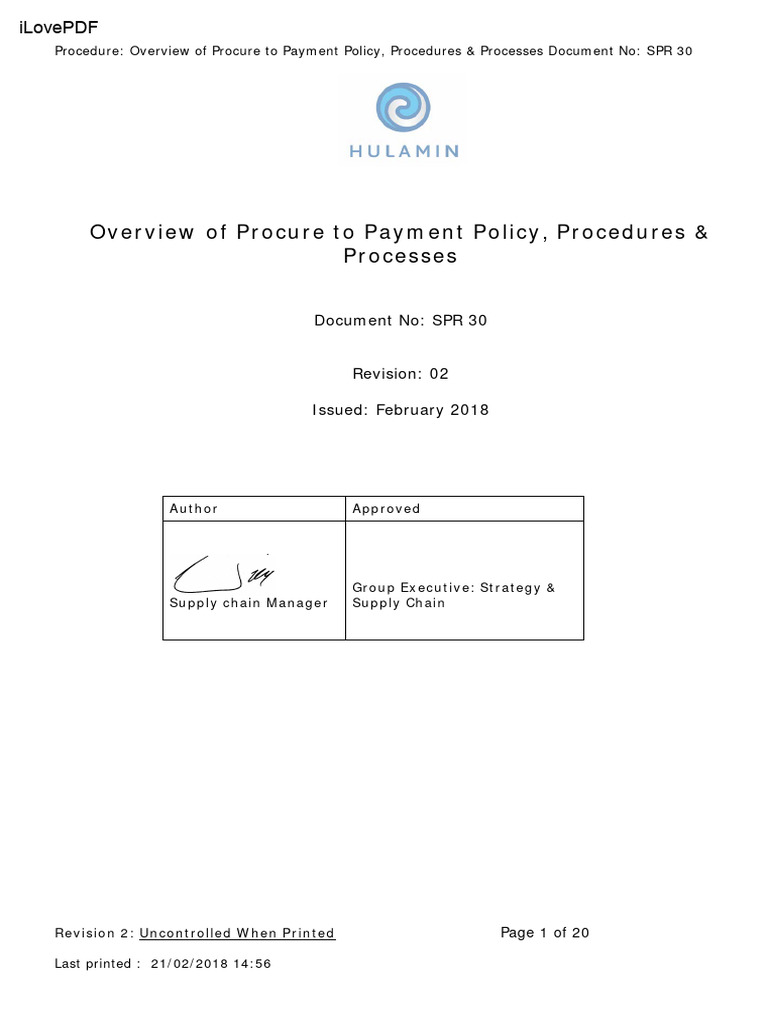 Overview of Procure To Payment Policy, Procedures and Processes ...