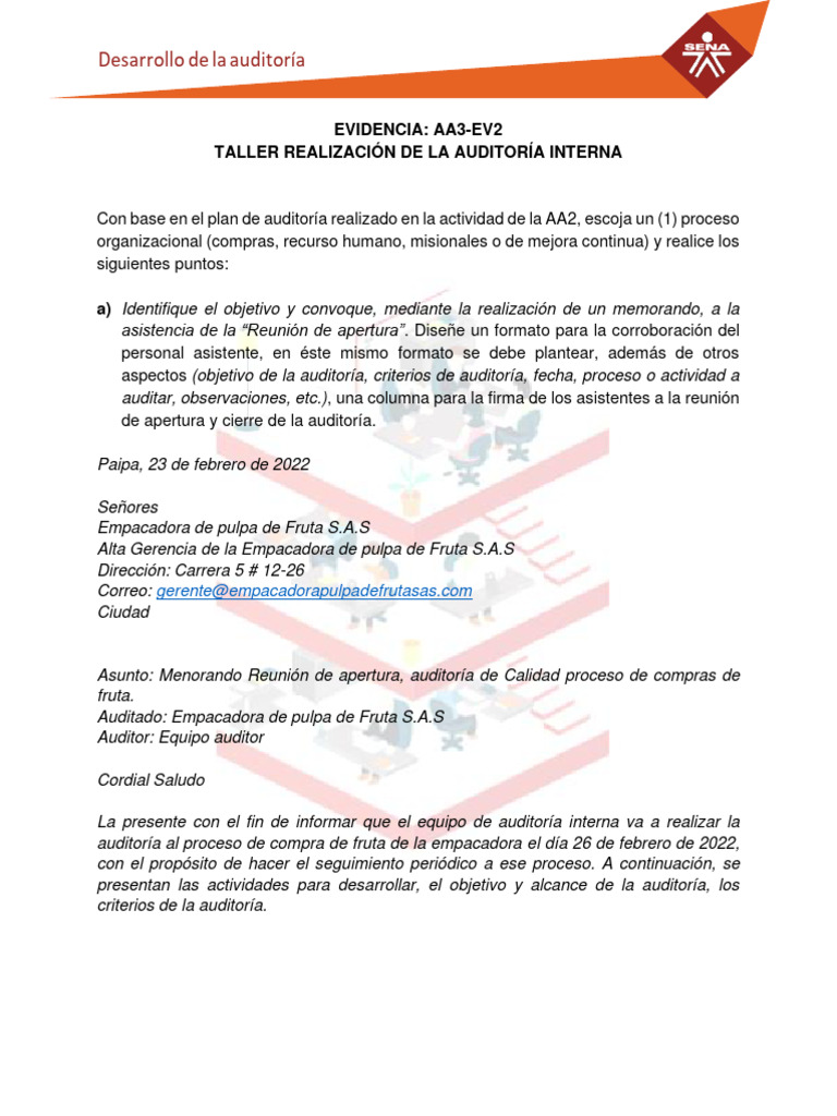 Formato Evidencia AA3 Ev2 Taller | PDF | Auditoría | Sistema de manejo de calidad