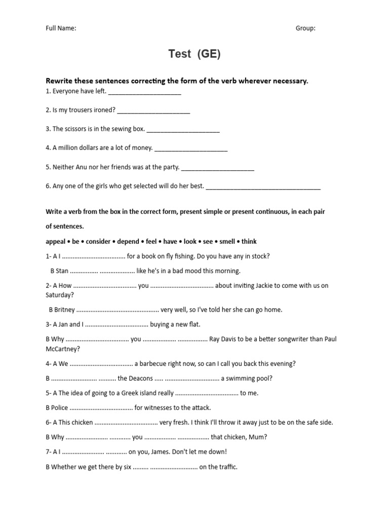 Test (GE) : Rewrite These Sentences Correcting The Form of The Verb ...