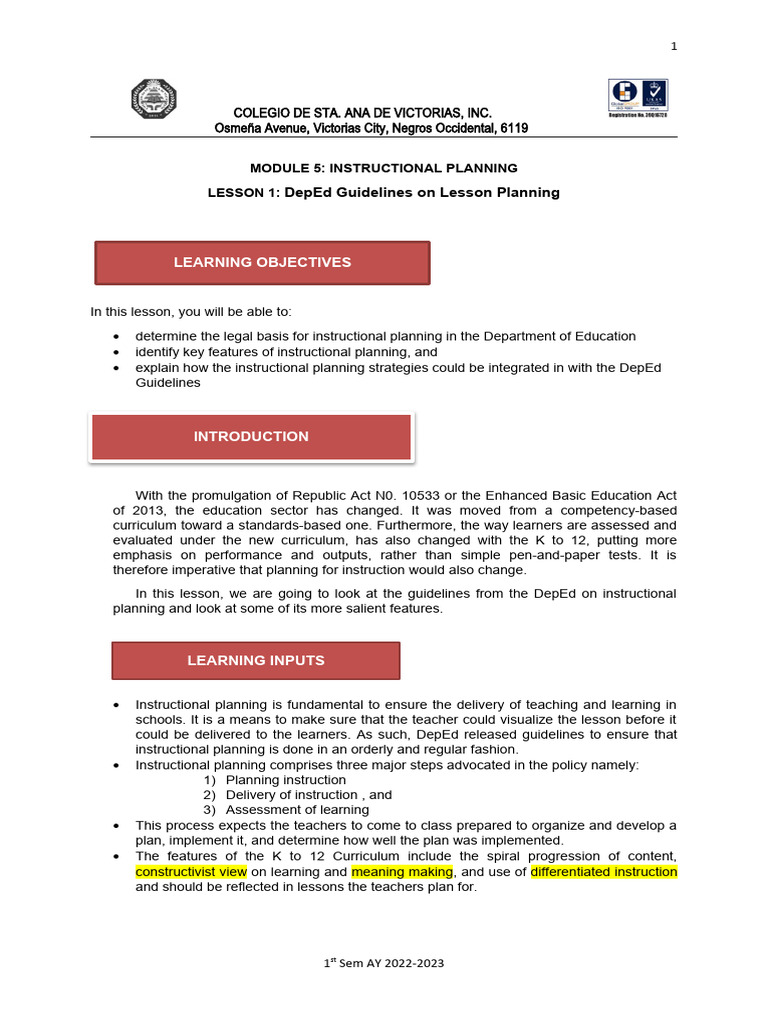 Lesson 1 DepEd Guidelines On Instructional Planning | PDF | Blood | Heart