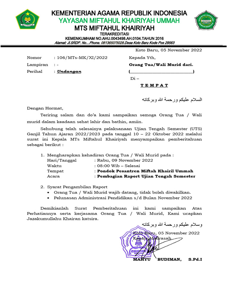 Undangan Pembagian Raport Uts | PDF