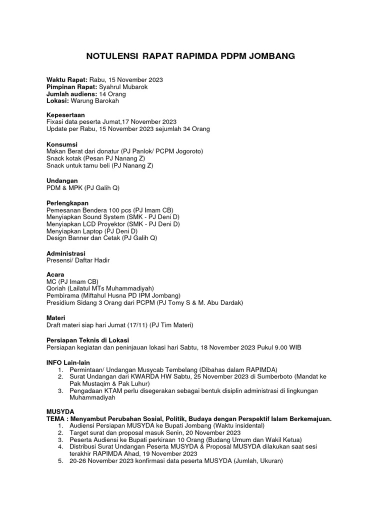 Notulensi Rapat 15 November 2023 | PDF
