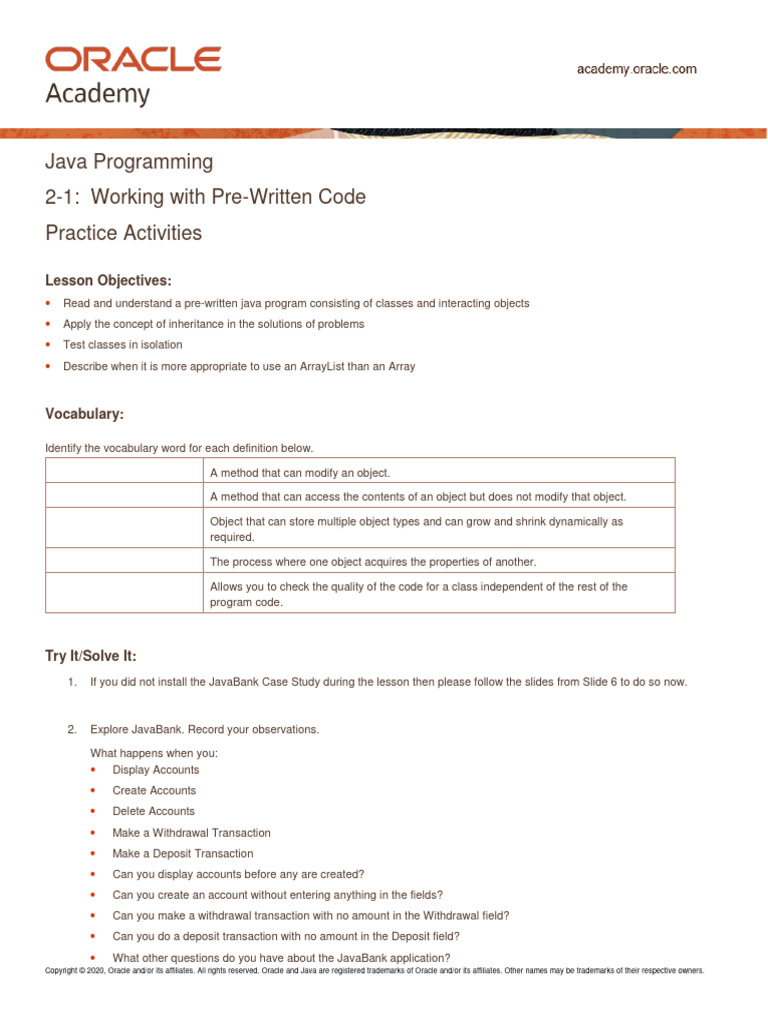 1.1 - Trabalhando Com Código Pré-escrito | PDF | Java (Programming Language) | Object (Computer ...